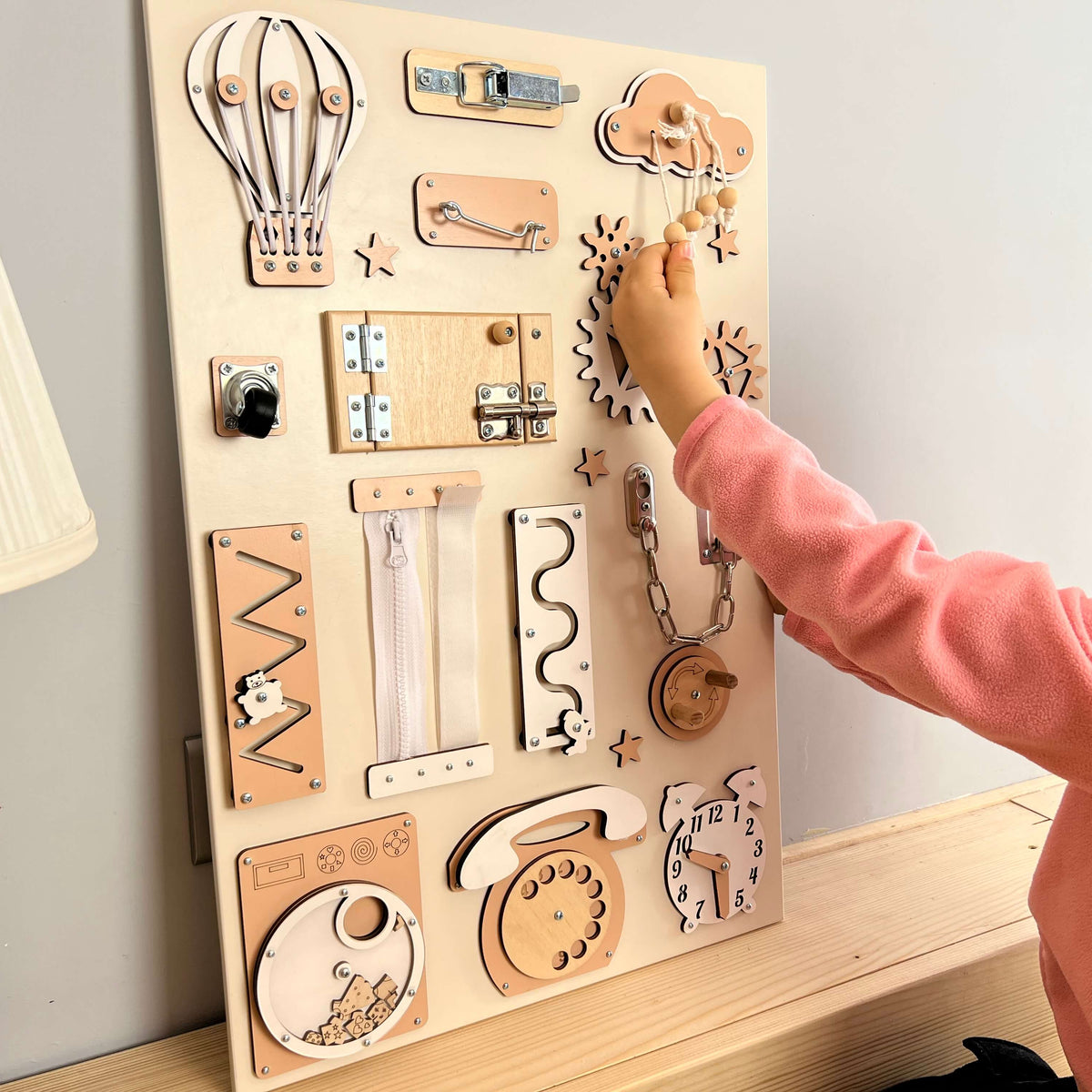 Wooden busy board for toddler- Beige busy board – Busybunnytoys