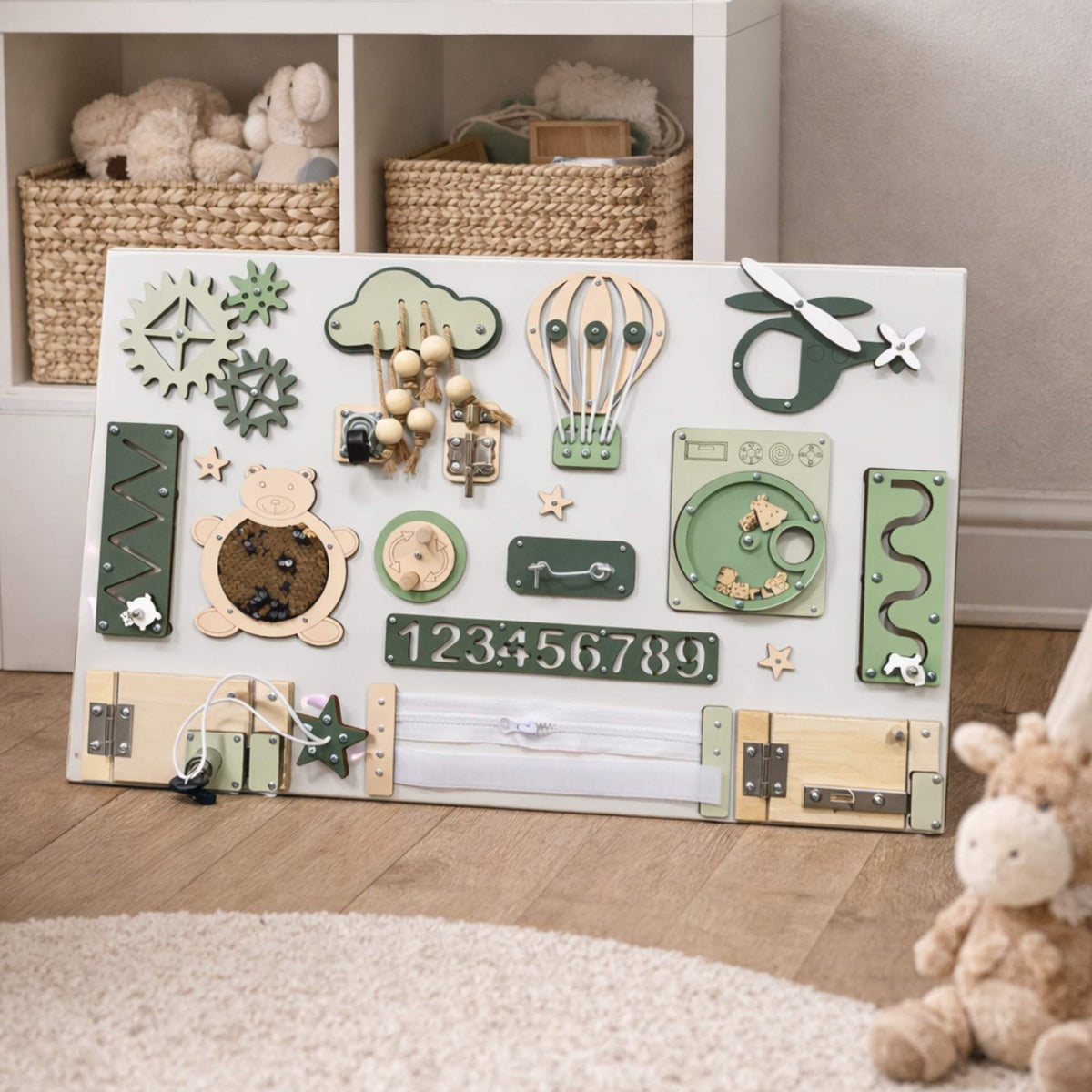 Montessori busy board: Activity board with doors – Busybunnytoys