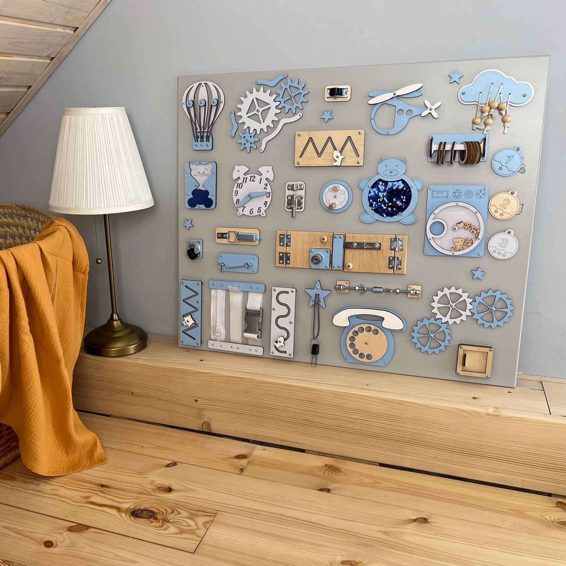 Wall-Mounted Sensory Adventure: Blue Busy Board Packed with Activities ...
